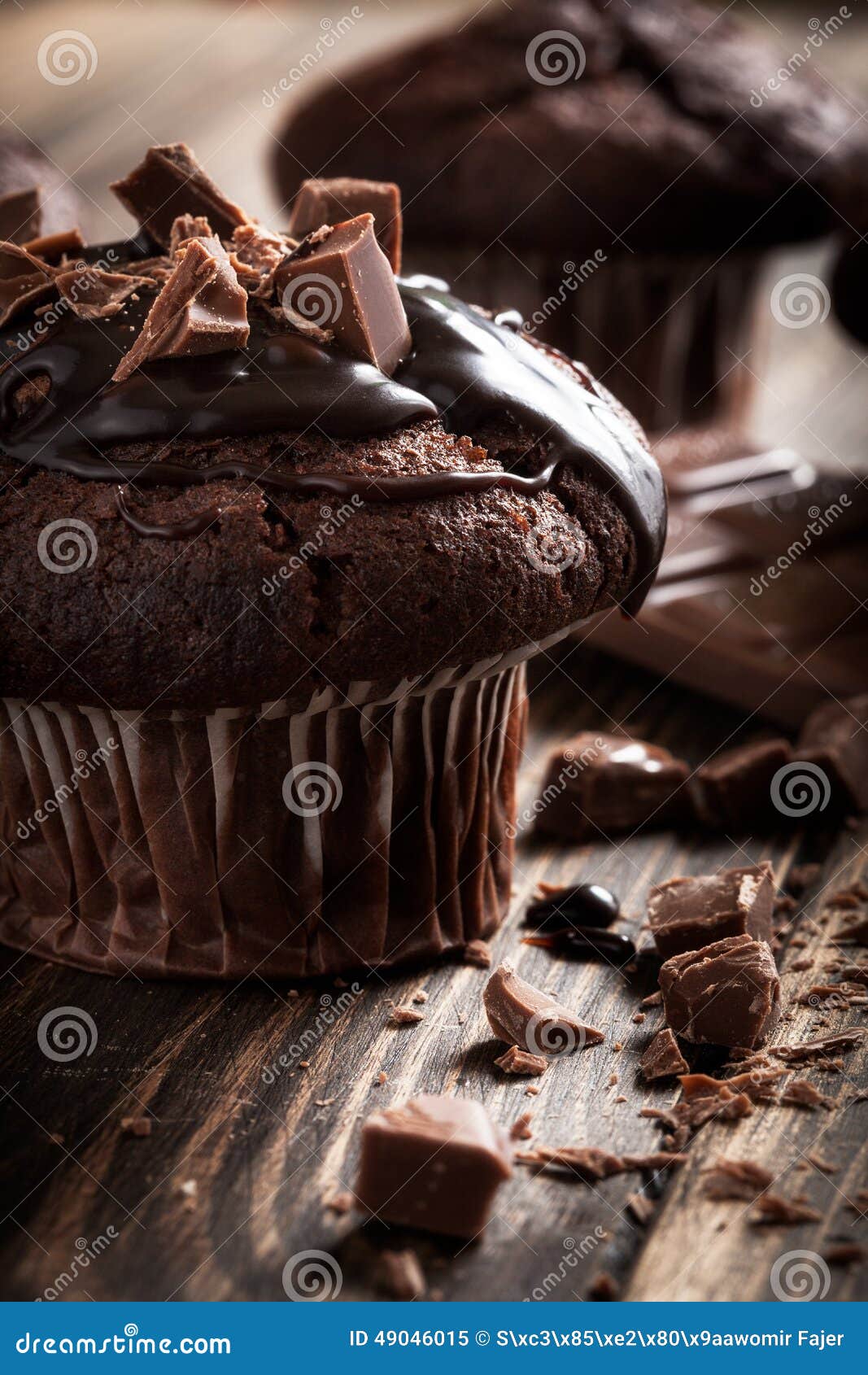 Chocolate Muffins with Icing and Chocolate Pieces Stock Image - Image ...
