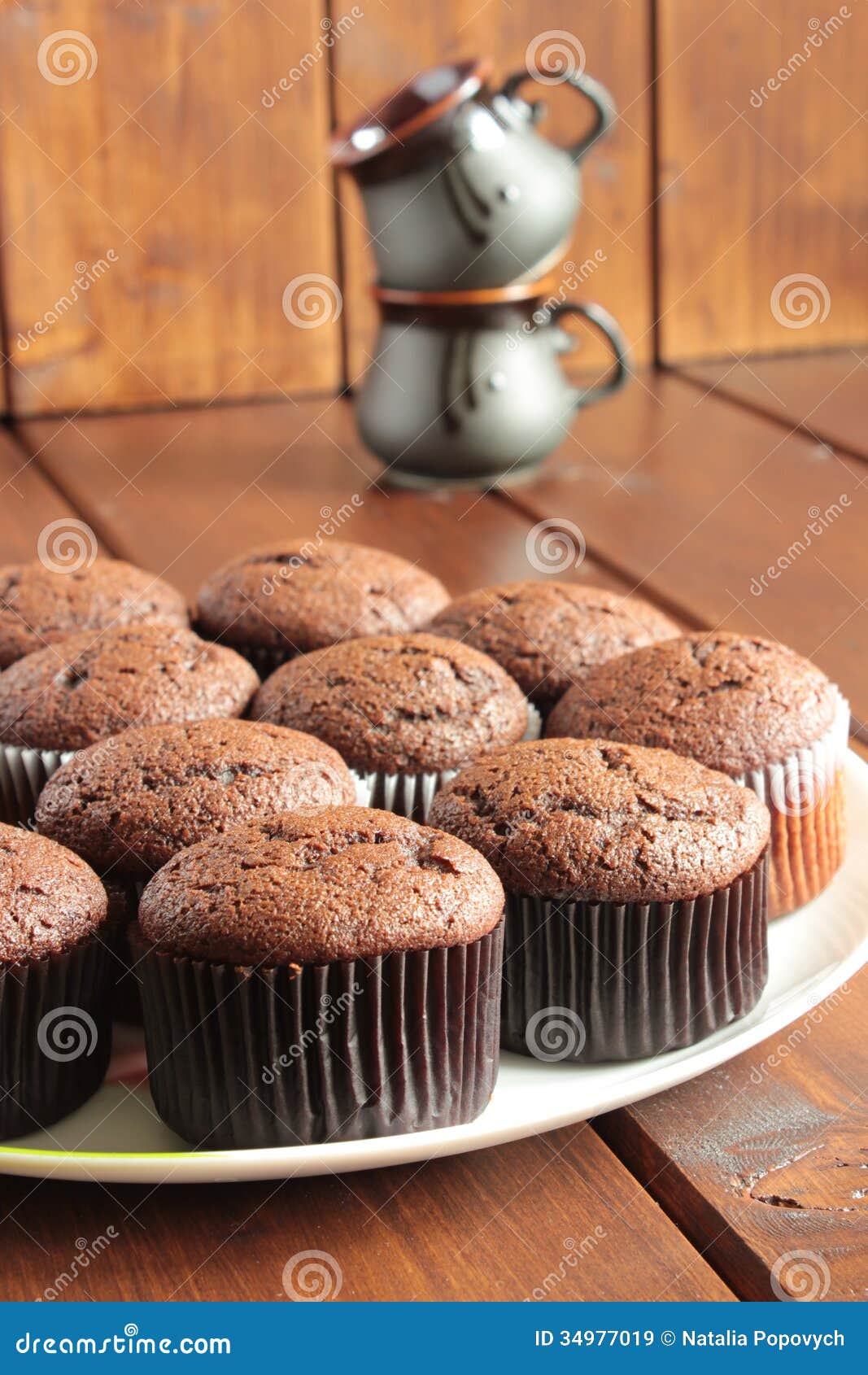 Chocolate Muffins on a Plate and Cups Stock Image - Image of cocoa ...