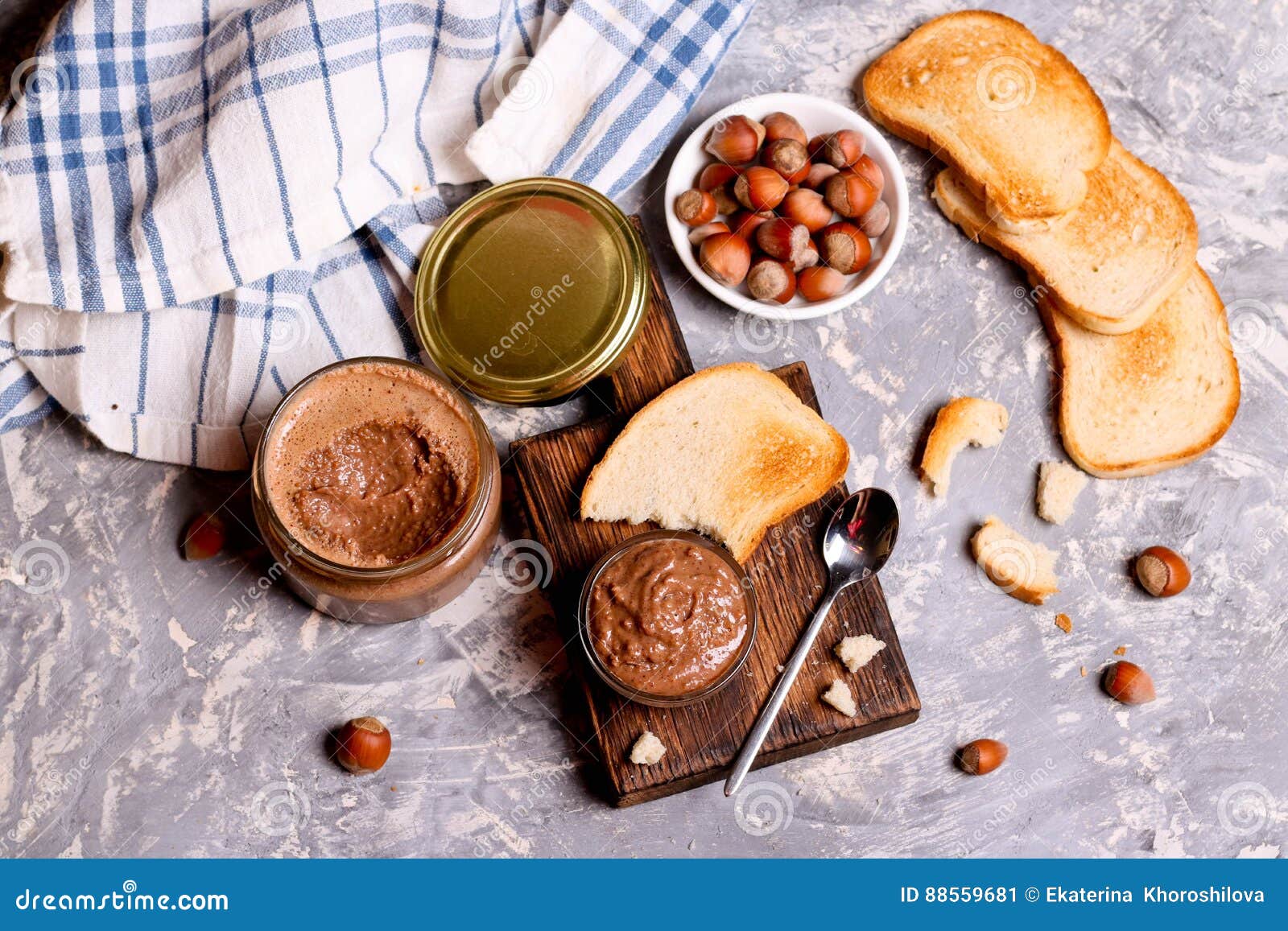 Chocolate Paste Spread with Hazelnuts and Bread for Breakfast Stock ...