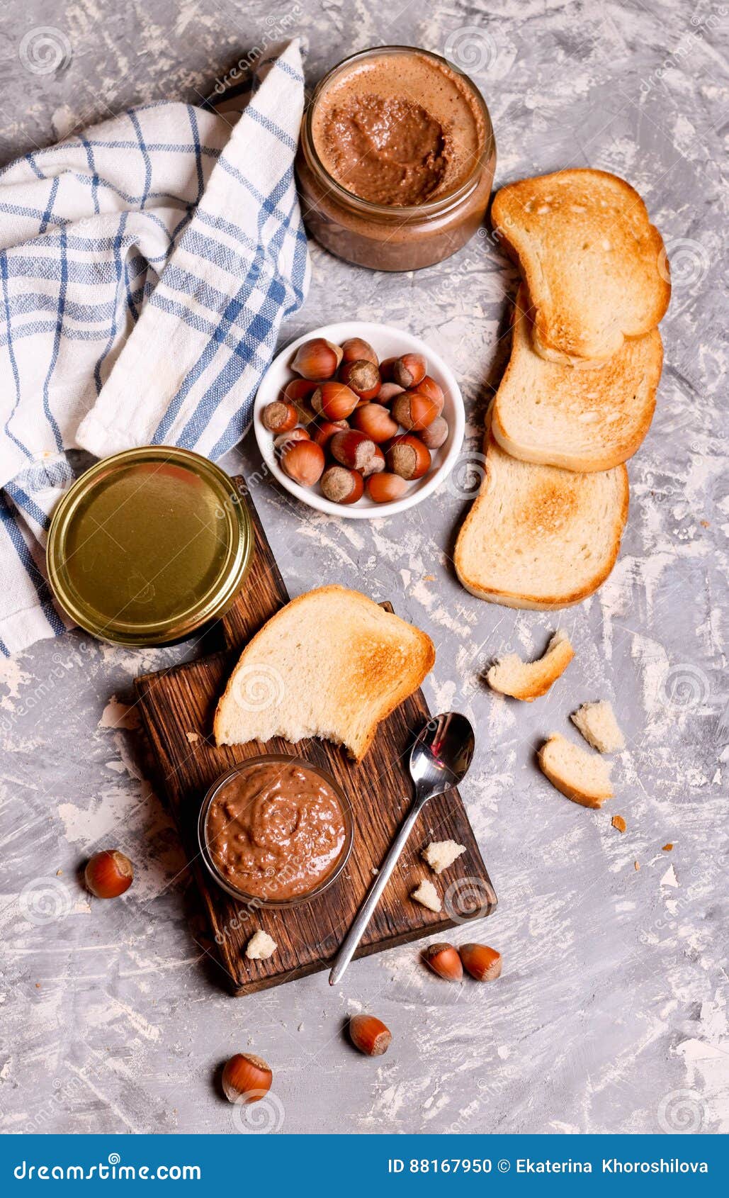 Chocolate Paste Spread with Hazelnuts and Bread for Breakfast Stock ...