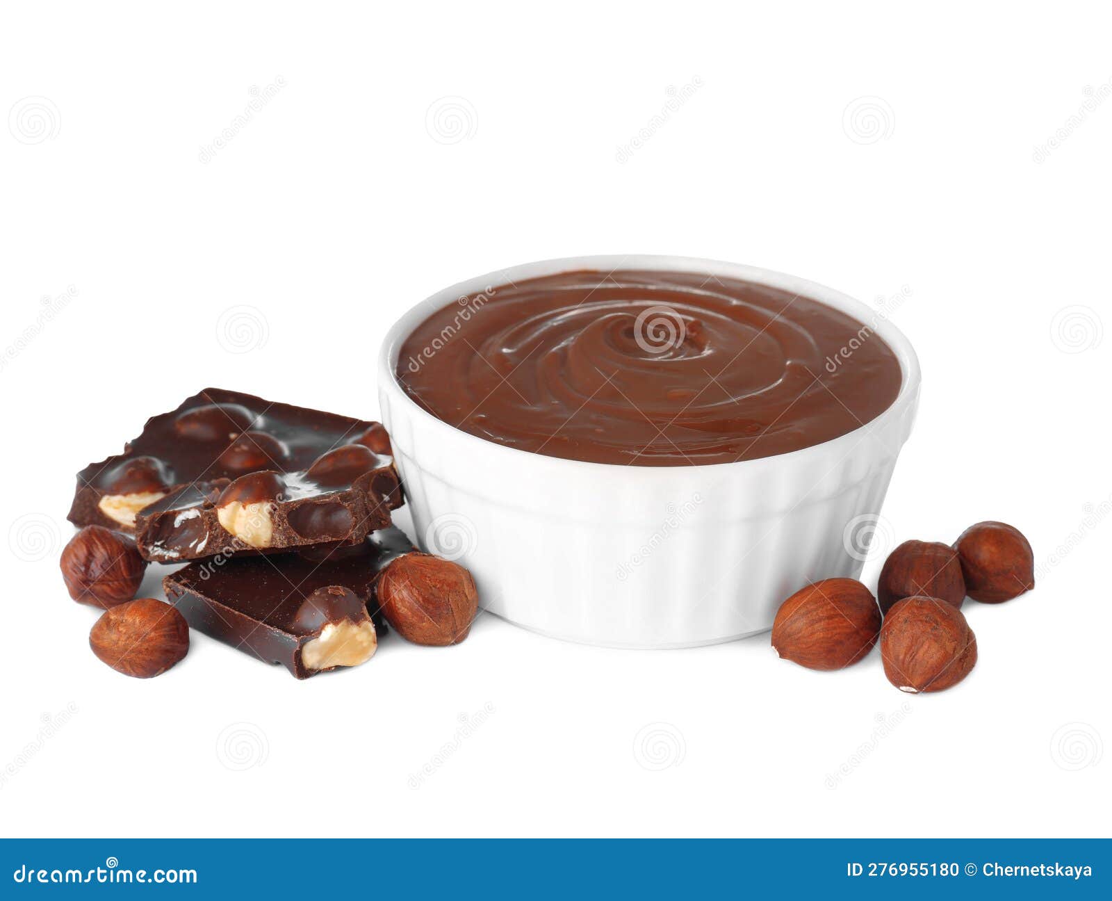 Chocolate Pieces, Bowl of Sweet Paste and Hazelnuts on White Background ...
