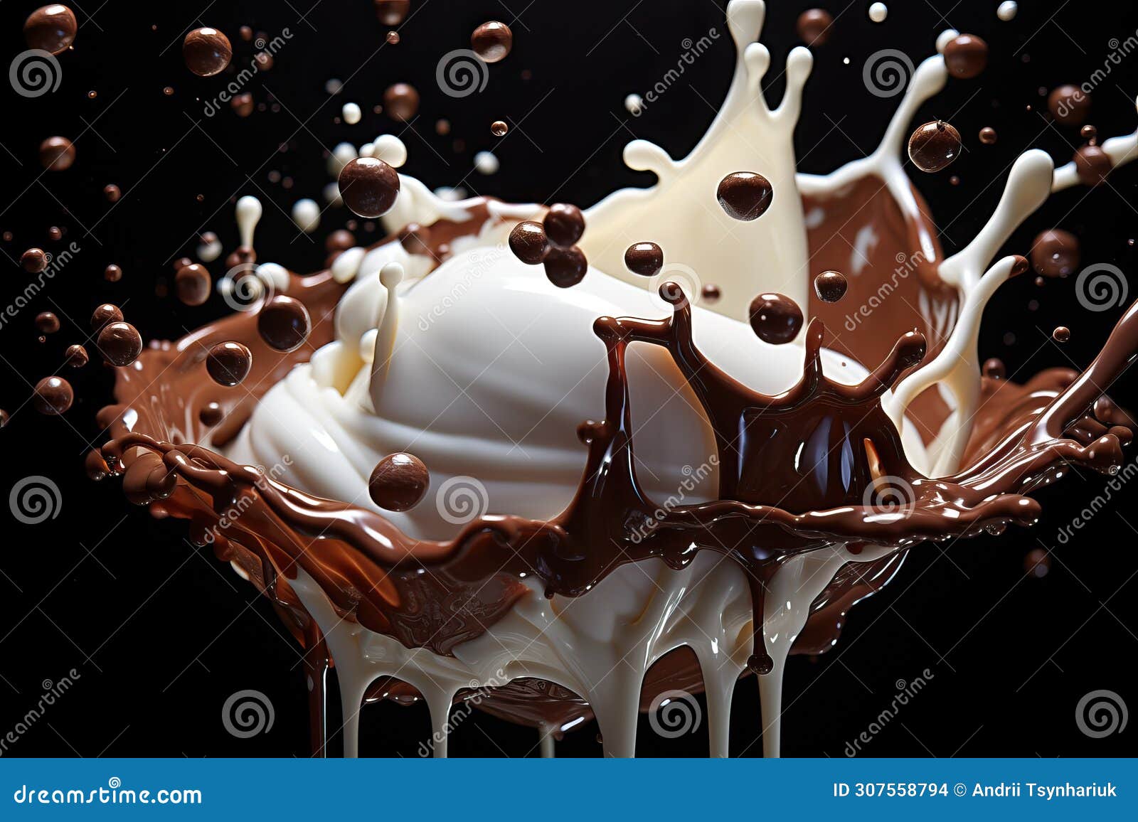 Chocolate Pieces Falling on Chocolate Sauce and Milk Cream Splash ...