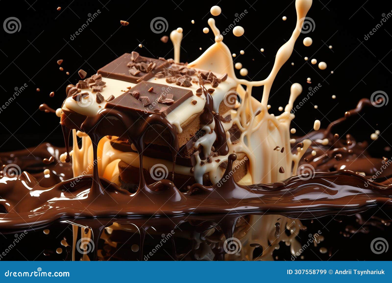 Chocolate Pieces Falling on Chocolate Sauce and Milk Cream Splash ...