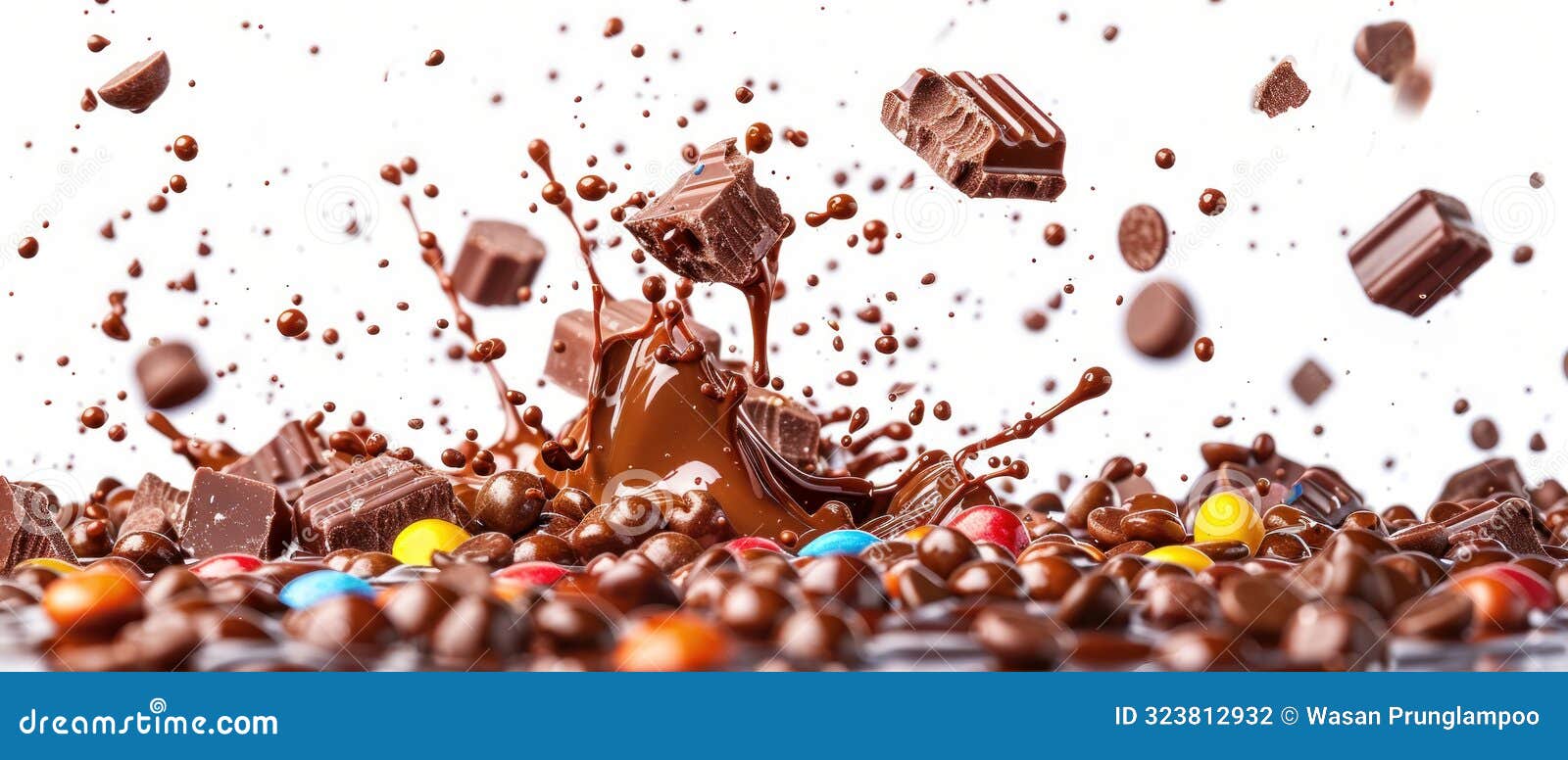 Chocolate Pieces Splash into a Pool of Melted Chocolate Stock Photo ...