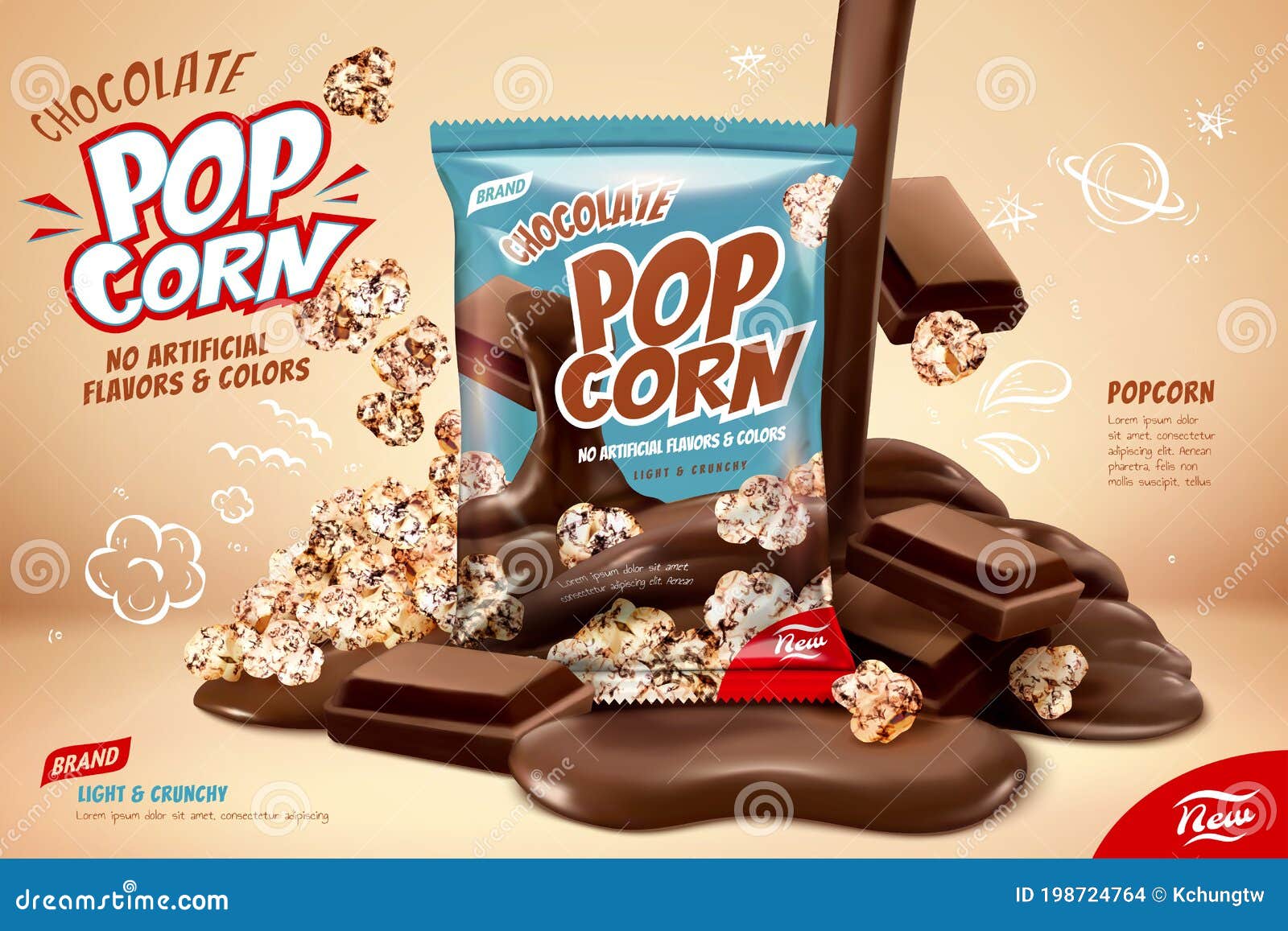 Popcorn In Liquid Caramel Vector Illustration On White Background ...