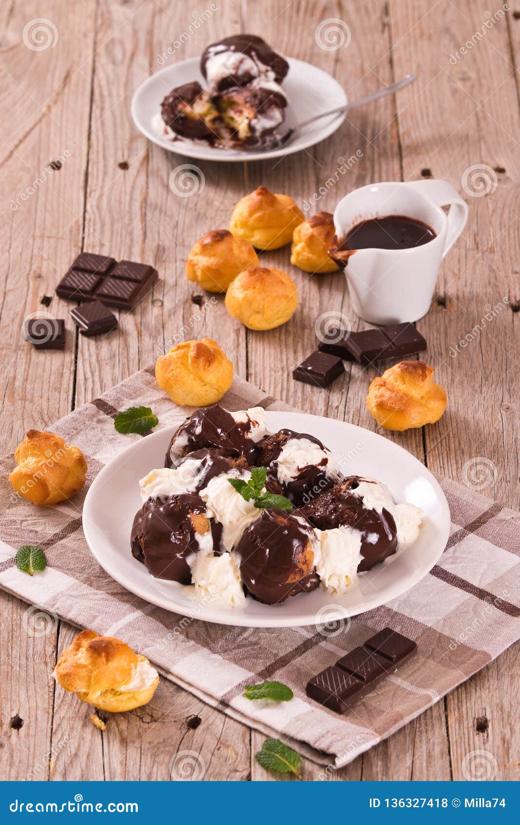 Chocolate profiterole. stock photo. Image of ganache - 136327418