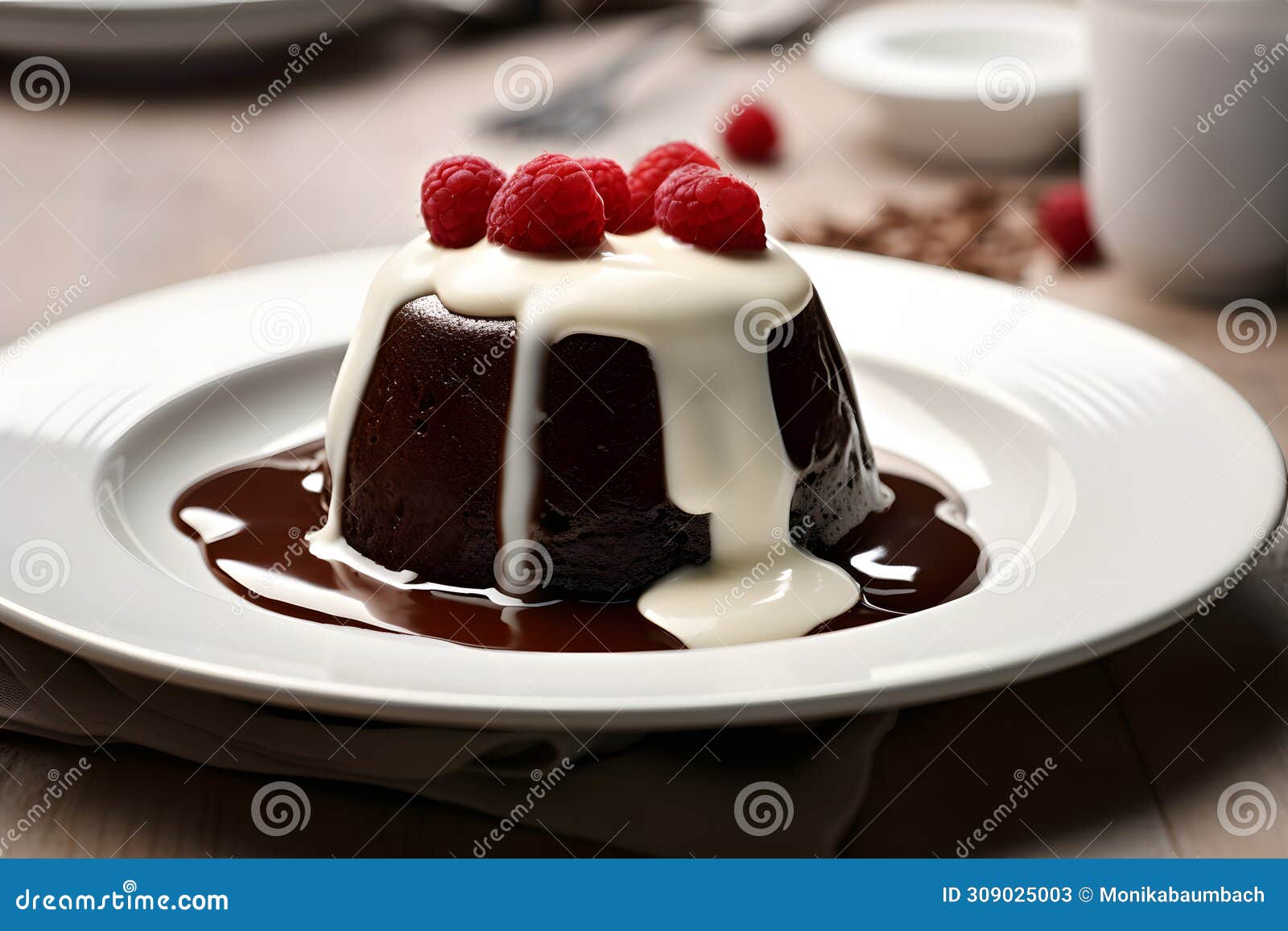 Dark Chocolate Pudding with Vanilla Sauce and Raspberry Fruits Stock ...