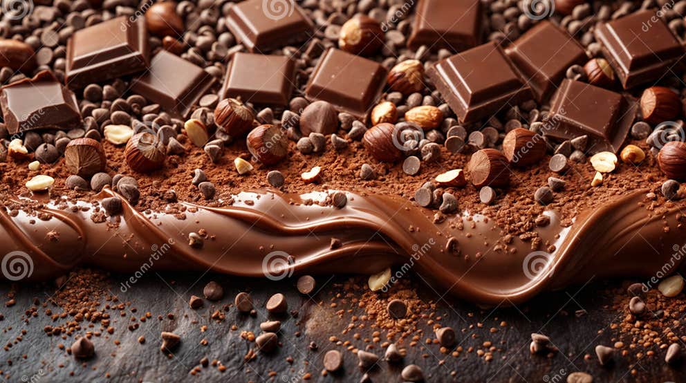 A Chocolate River with Chocolate Chips and Nuts Along Stock ...