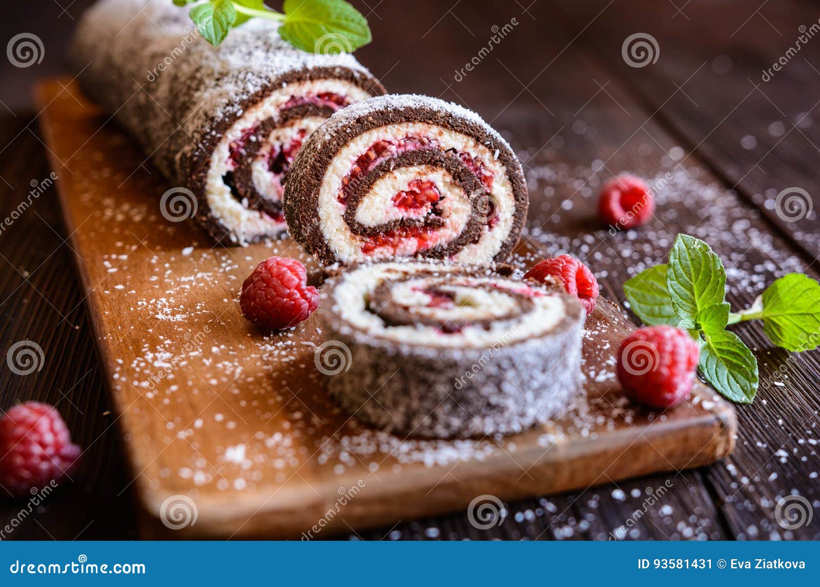 Chocolate Roll Cake with Coconut and Raspberry Filling Stock Image ...
