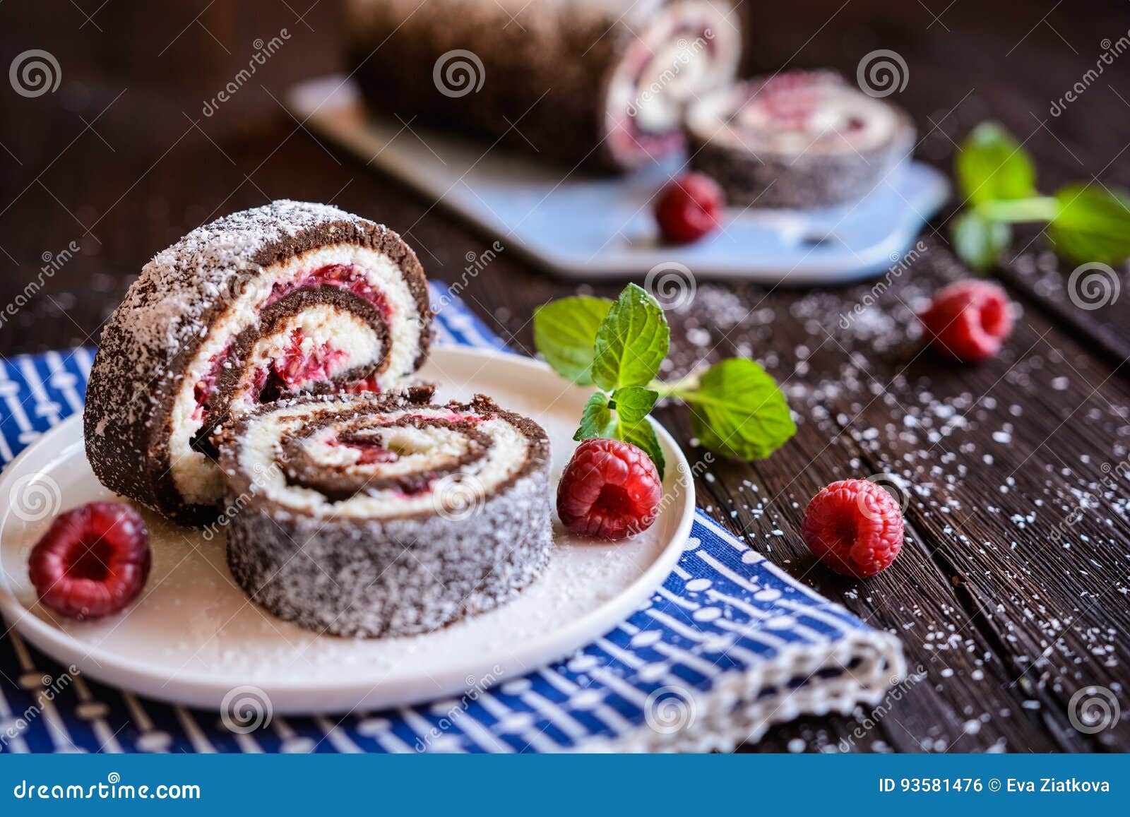 Chocolate Roll Cake with Coconut and Raspberry Filling Stock Photo ...