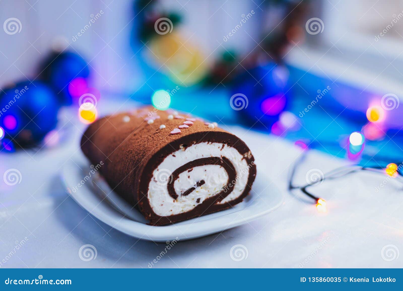 Chocolate Roll Christmas Log with Cream Stock Image - Image of color ...