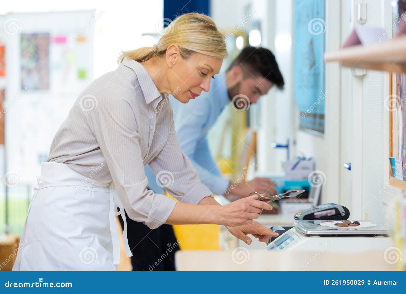 Chocolate Shop Worker Weighing Chocolate Bar Order Stock Image - Image ...