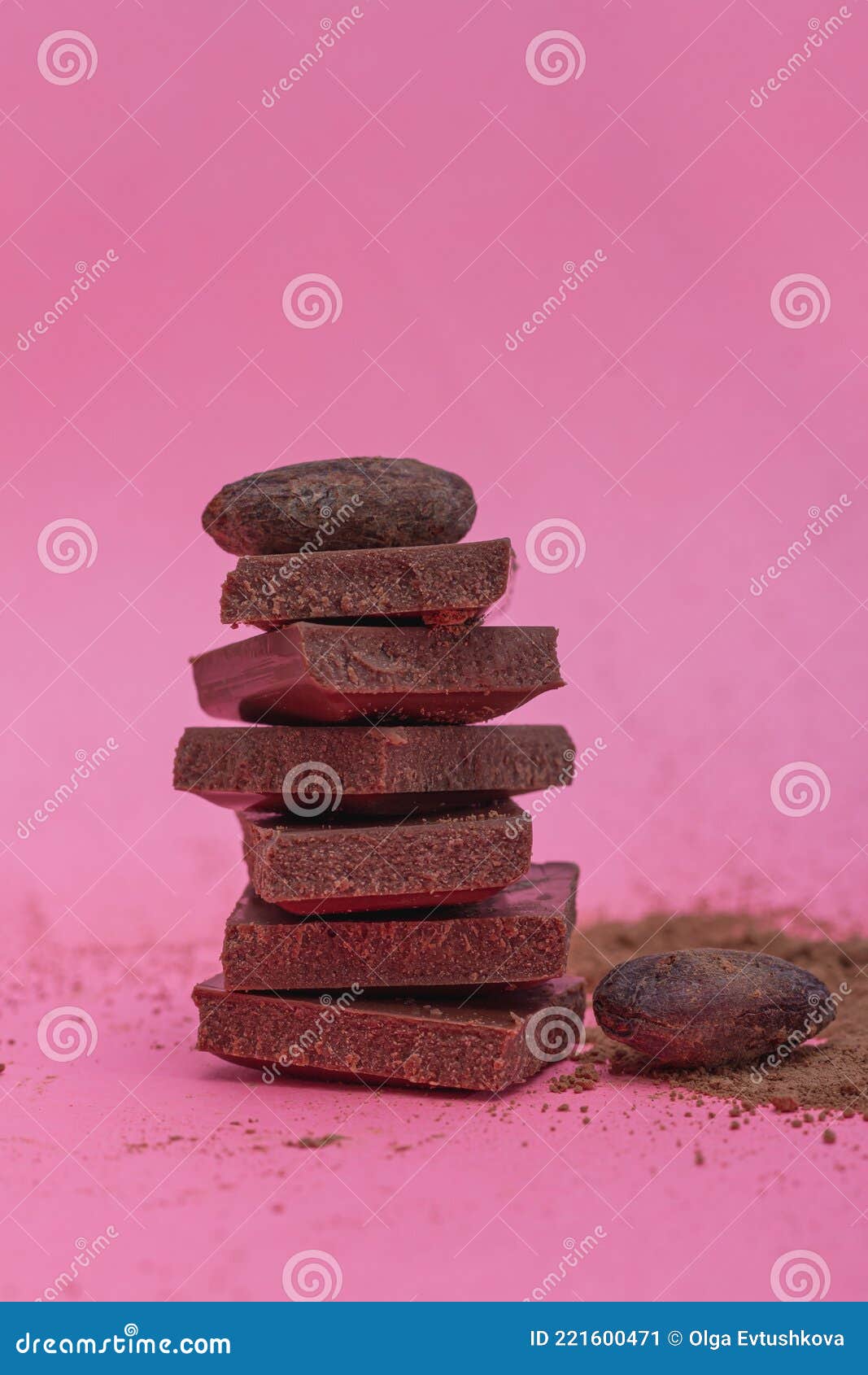 Chocolate Slices, Cocoa Powder, Cocoa Beans on a Pink Background Stock ...