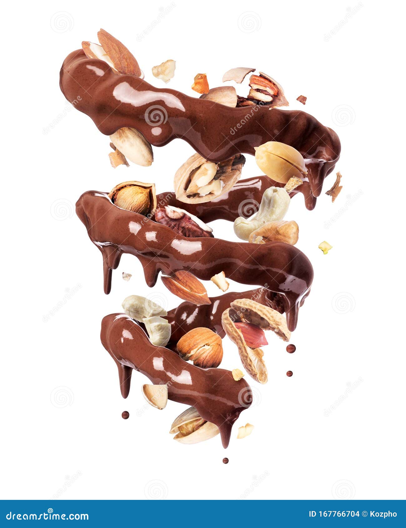 Chocolate Splashes in Spiral Shape with with Various Nuts, Isolated on ...