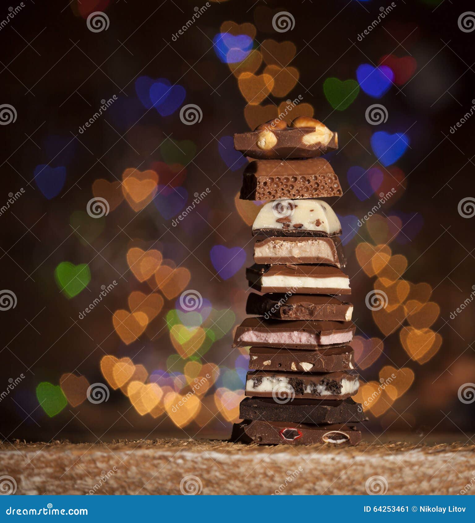 Chocolate Stack on Colorful Bokeh Background Stock Image - Image of ...