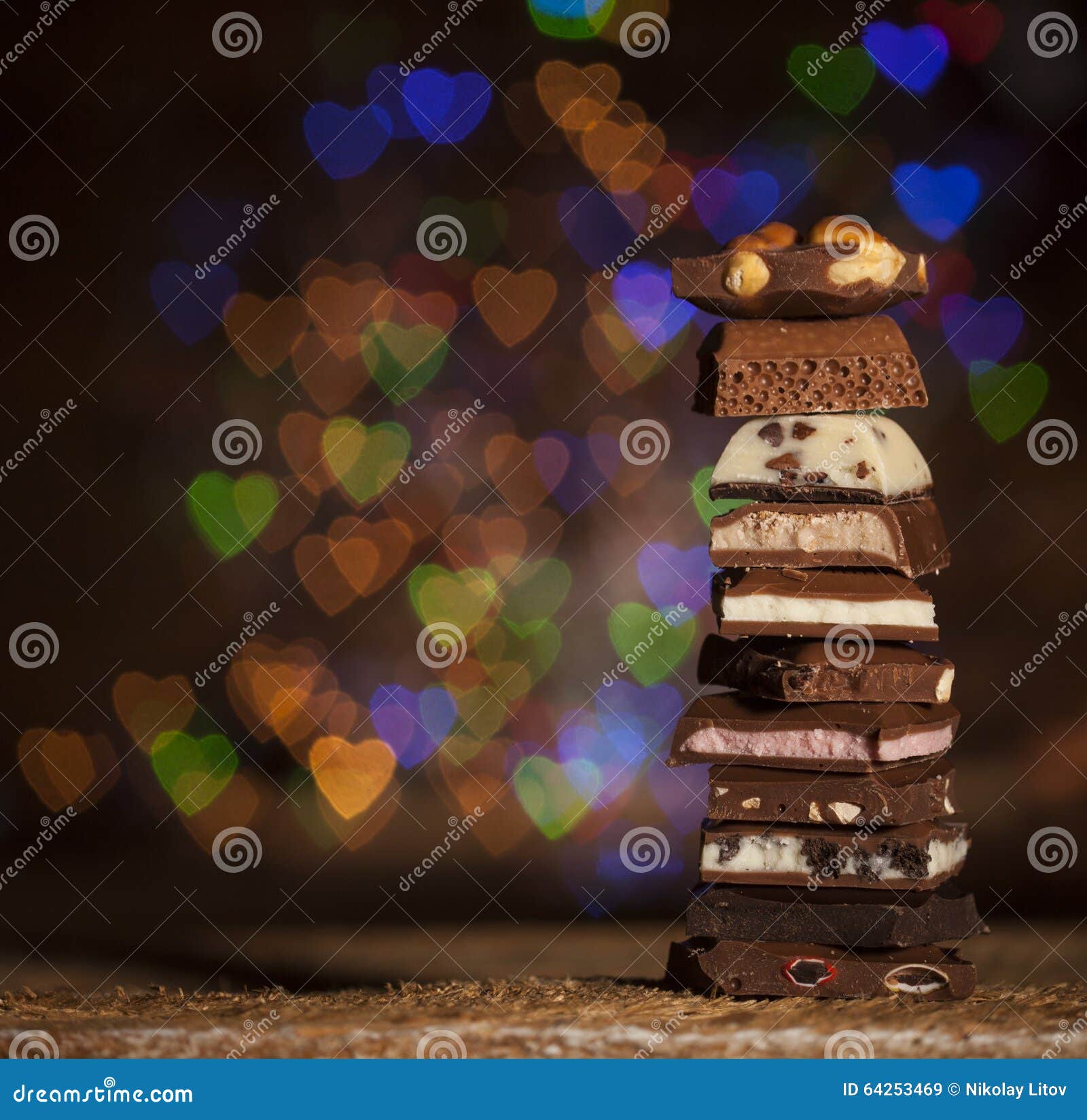 Chocolate Stack on Colorful Bokeh Background Stock Image - Image of ...