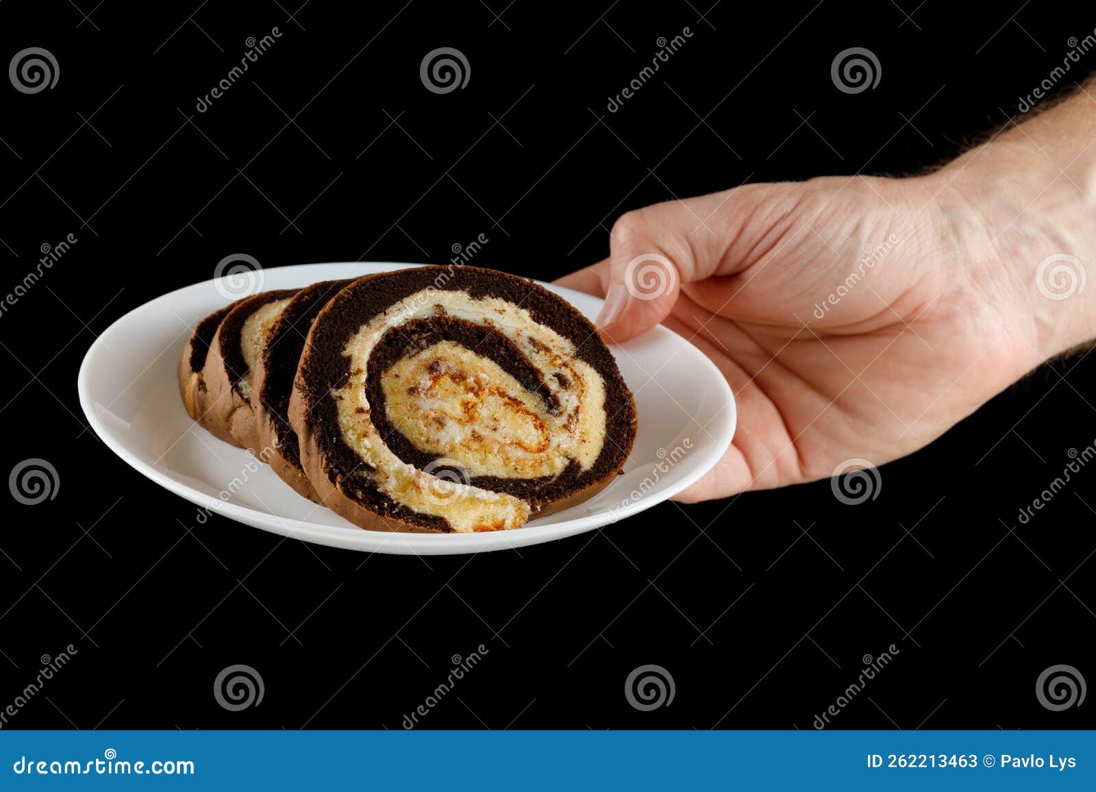 Chocolate Swiss Roll on a Plate in Hand Stock Image - Image of ...