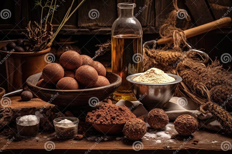 Chocolate Truffle Ingredients on Rustic Table Stock Illustration ...