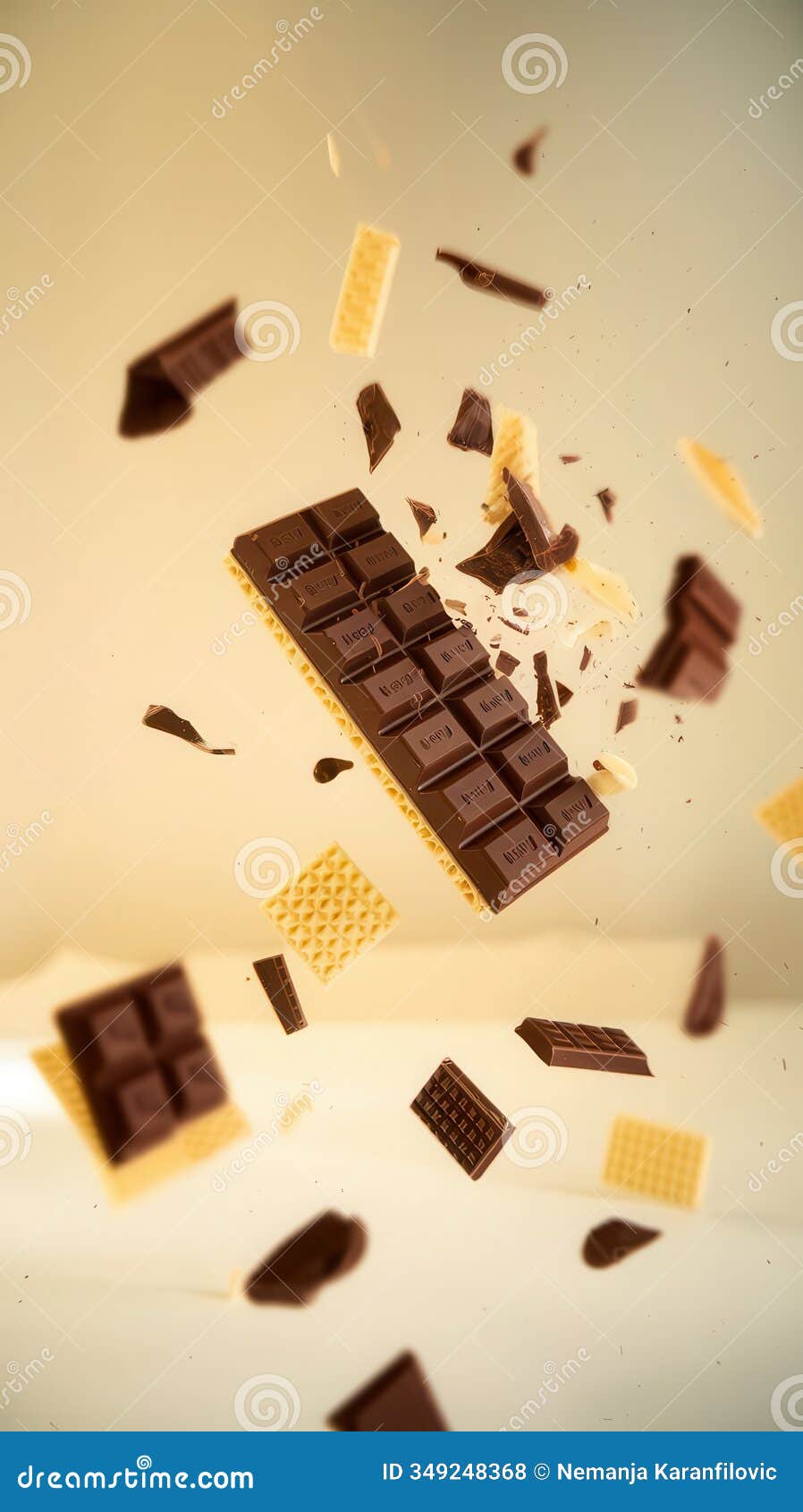 Chocolate Wafer Bar Breaking into Pieces with Flying Fragments Stock ...
