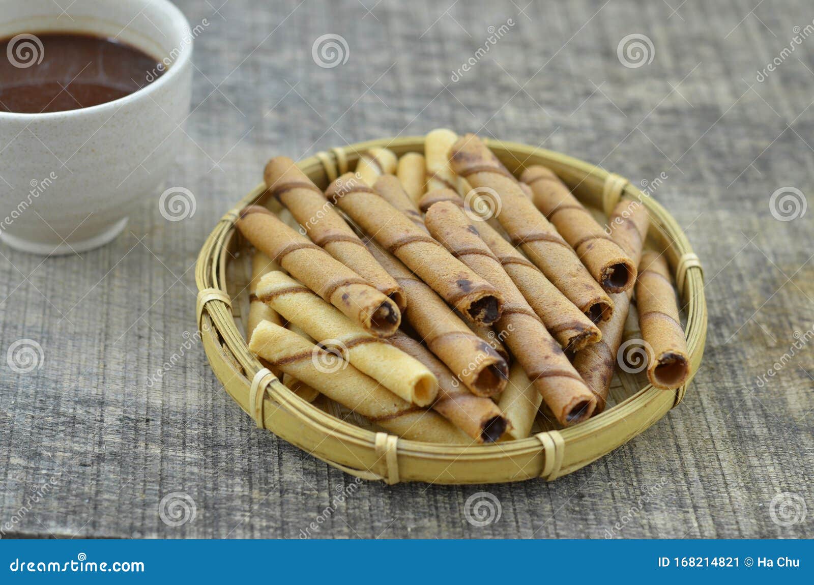 Chocolate Waffle Roll and Vanilia Waffle in Bamboo Basket Stock Image ...