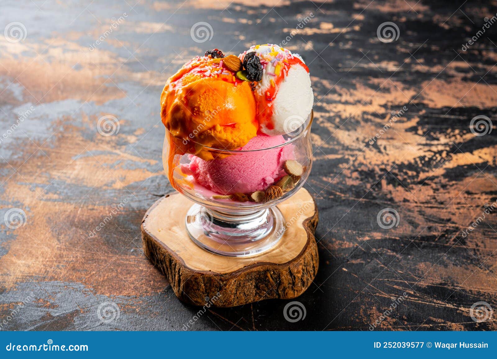 Choice of Ice Cream Three Scoop Served in Dish Isolated on Dark ...