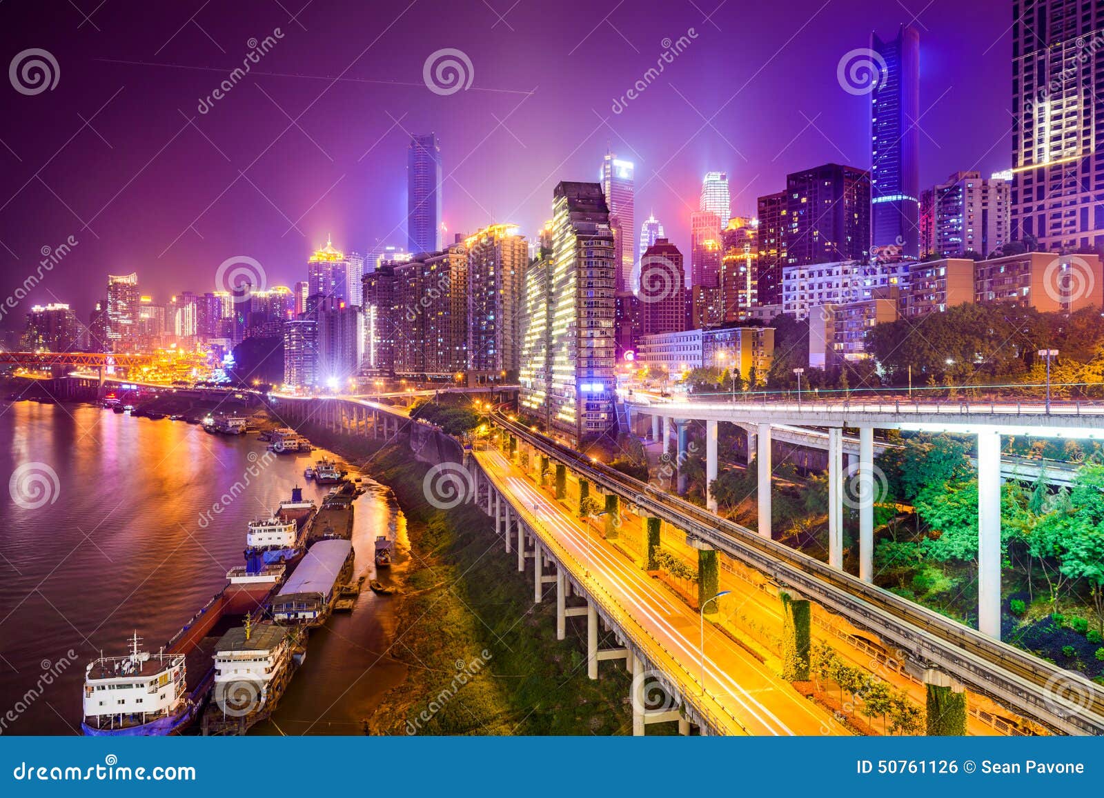 Chongqing, China Riverside Cityscape Stock Photo - Image of financial ...