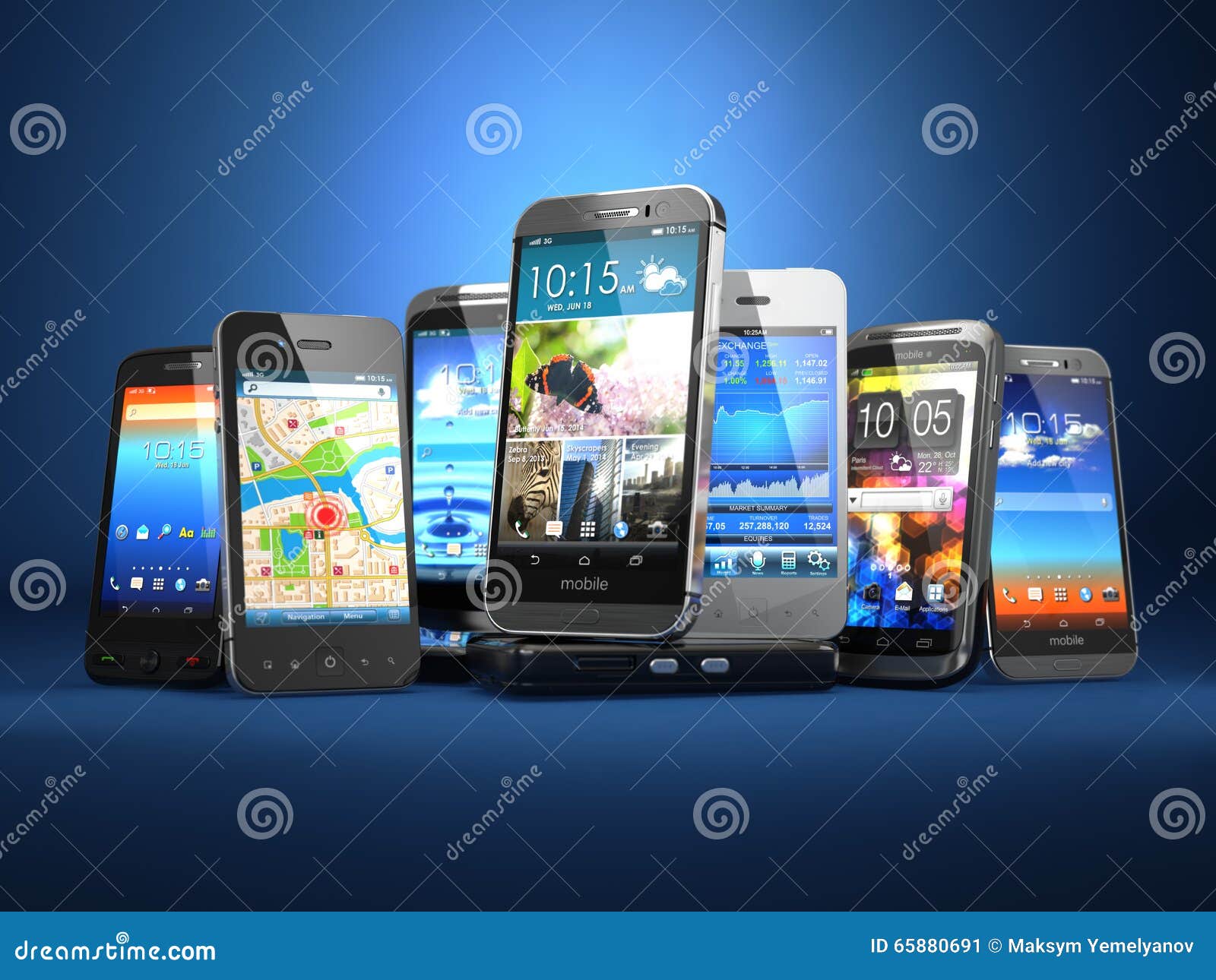 Choose Mobile Phone. Row of the Different Smartphones on Blue Ba Stock ...