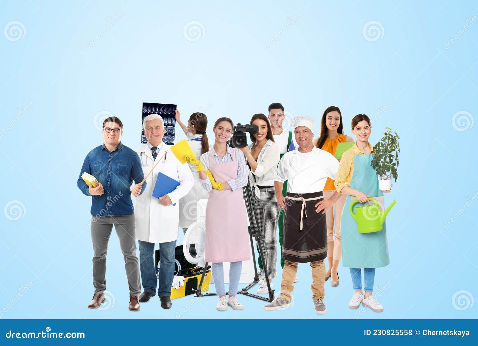 Choosing Profession. People of Different Occupations on Light Blue ...