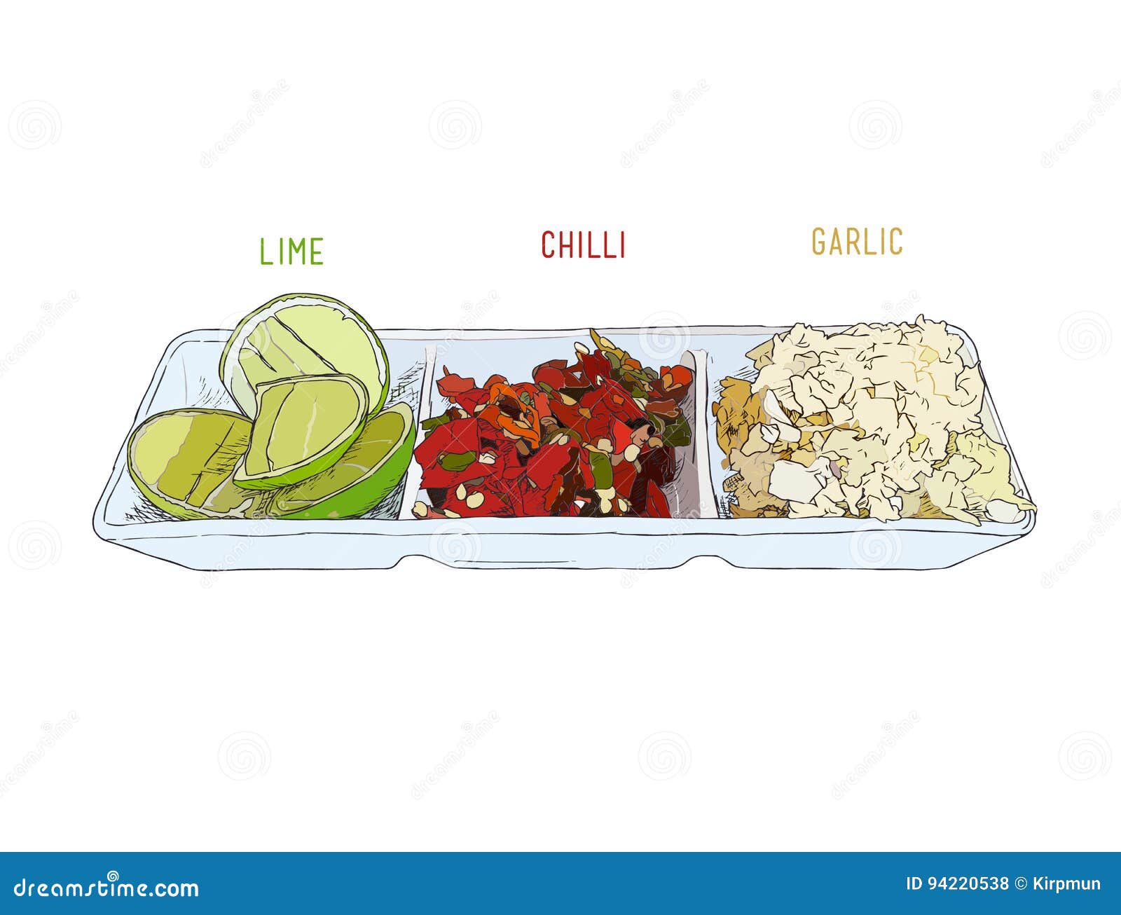 Chopped Garlic , Lime and Sliced Chili for Sauce, Sketch Vector. Stock ...