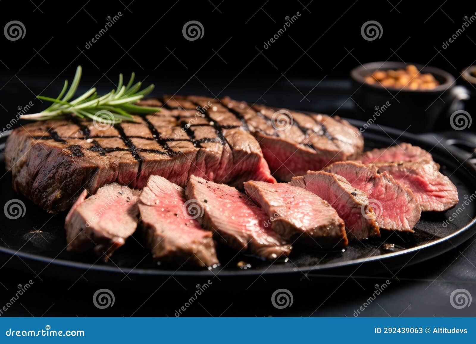 Chopped Grilled Ribeye Slices Spread on a Black Plate Stock Image ...