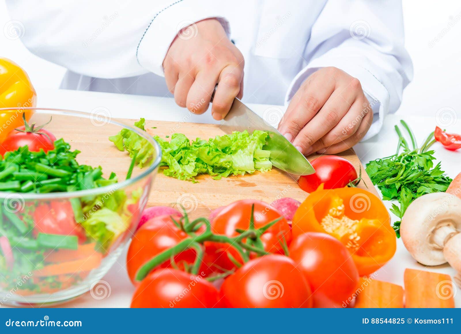 Chopped Lettuce and Cook Hand with a Knife Stock Image - Image of ...