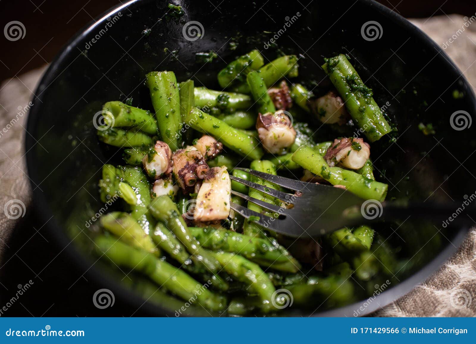 Chopped Octopus and Green Beans with Spinach Stock Photo - Image of ...