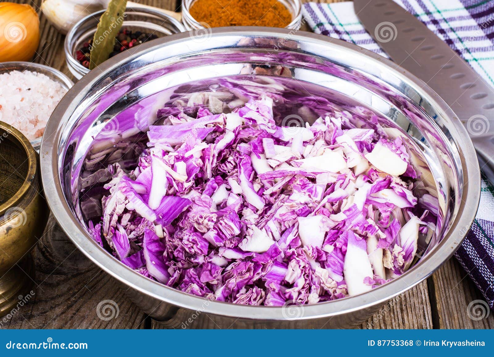 Chopped Red Cabbage in a Metal Bowl Stock Photo - Image of preparation ...