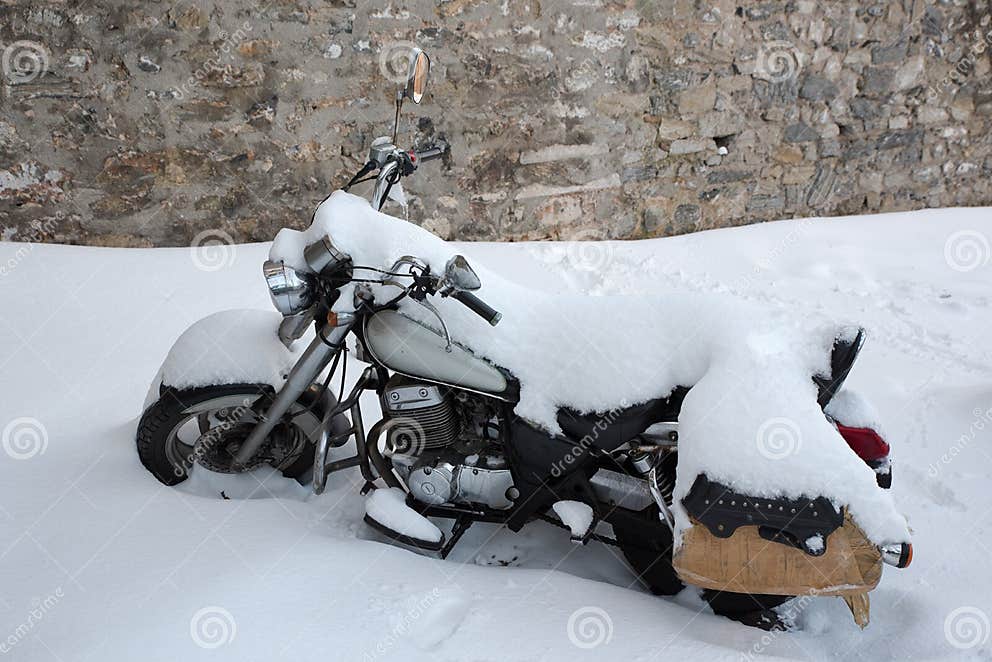 Chopper Motorcycle Covered with Snow and Ice Stock Photo - Image of ...