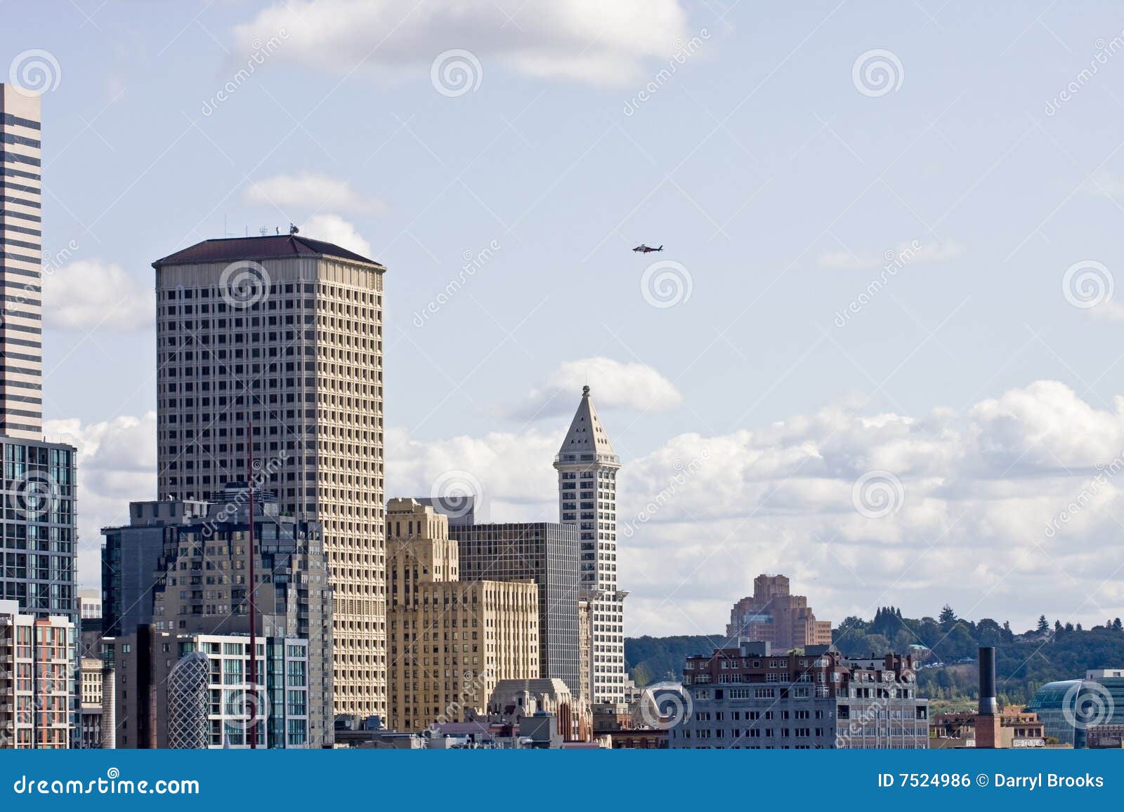 Chopper Over Seattle stock photo. Image of buildings, corporate - 7524986
