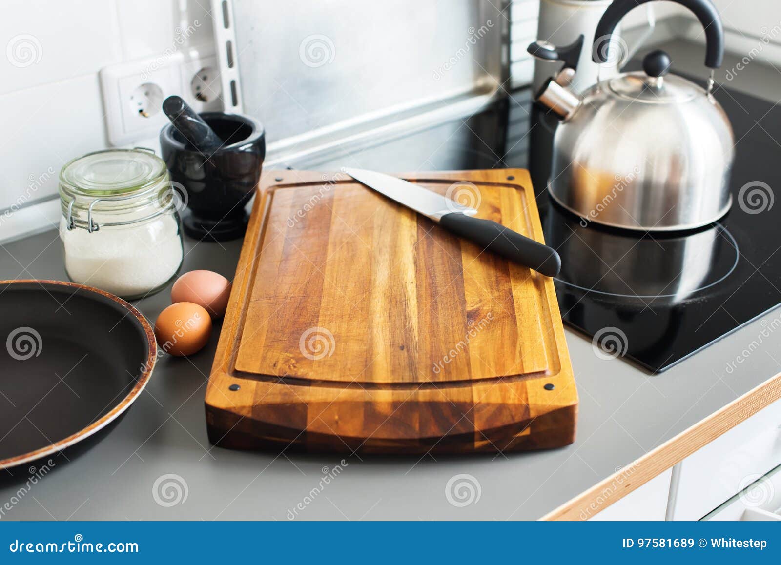 Chopping Board and Knife on Grey Table-top Kitchen Stock Image - Image ...