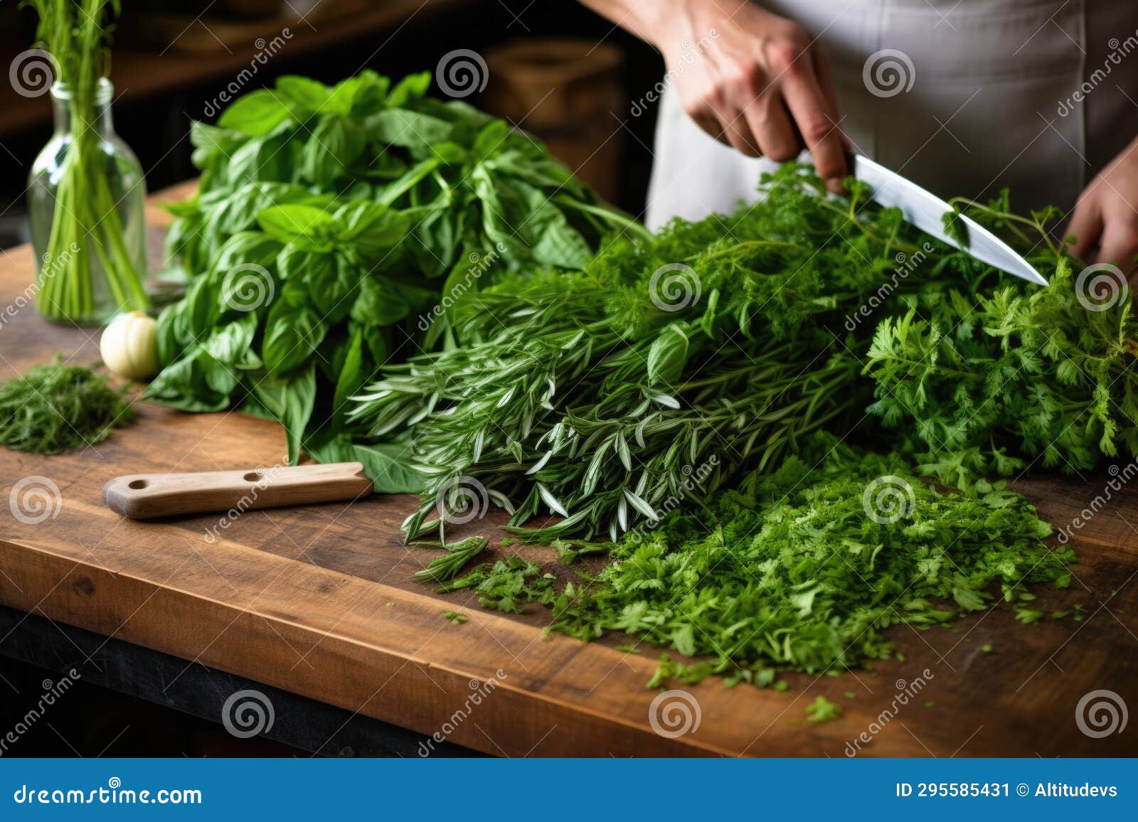 Chopping Fresh Herbs on a Board for Cooking Stock Image - Image of ...