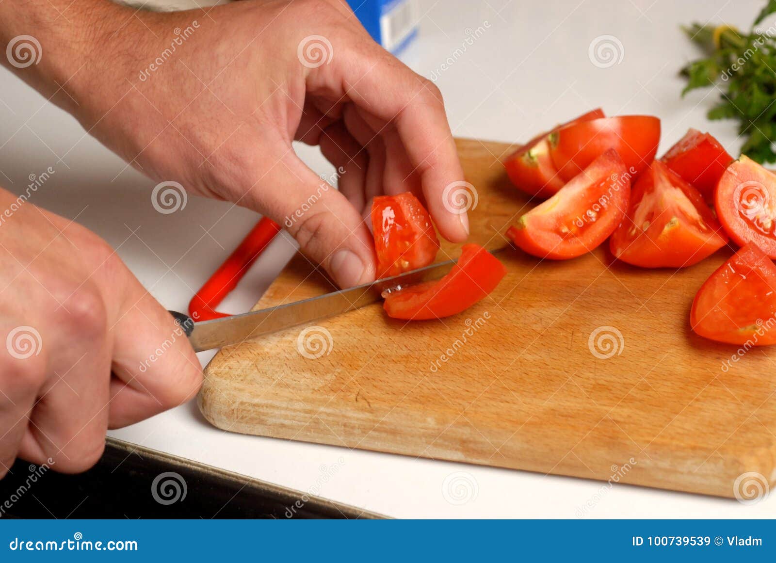 Chopping Fresh Tomato on the Kitchen Table Stock Image - Image of ...