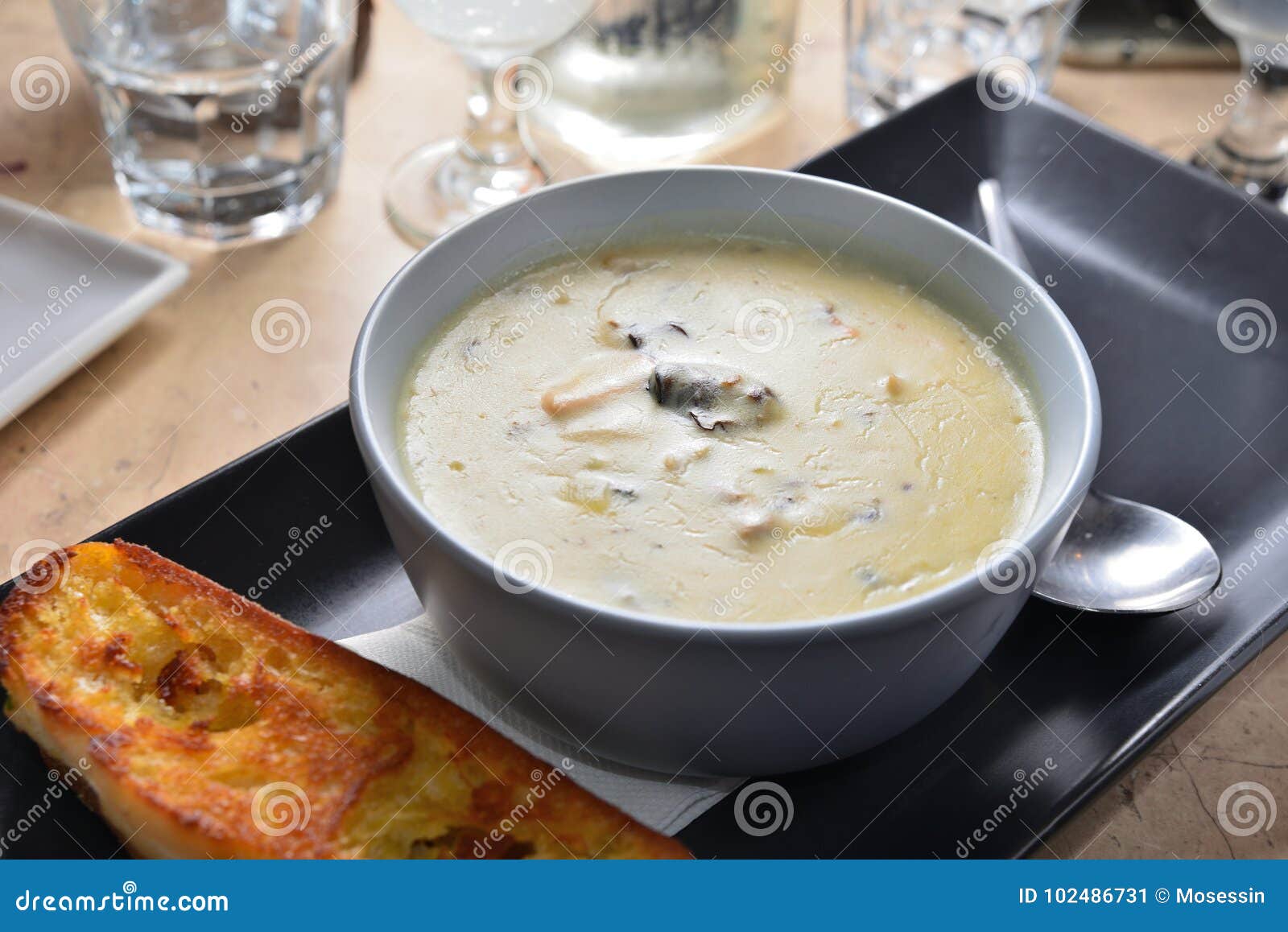 Chowder soup garlic Bread stock image. Image of chowder - 102486731