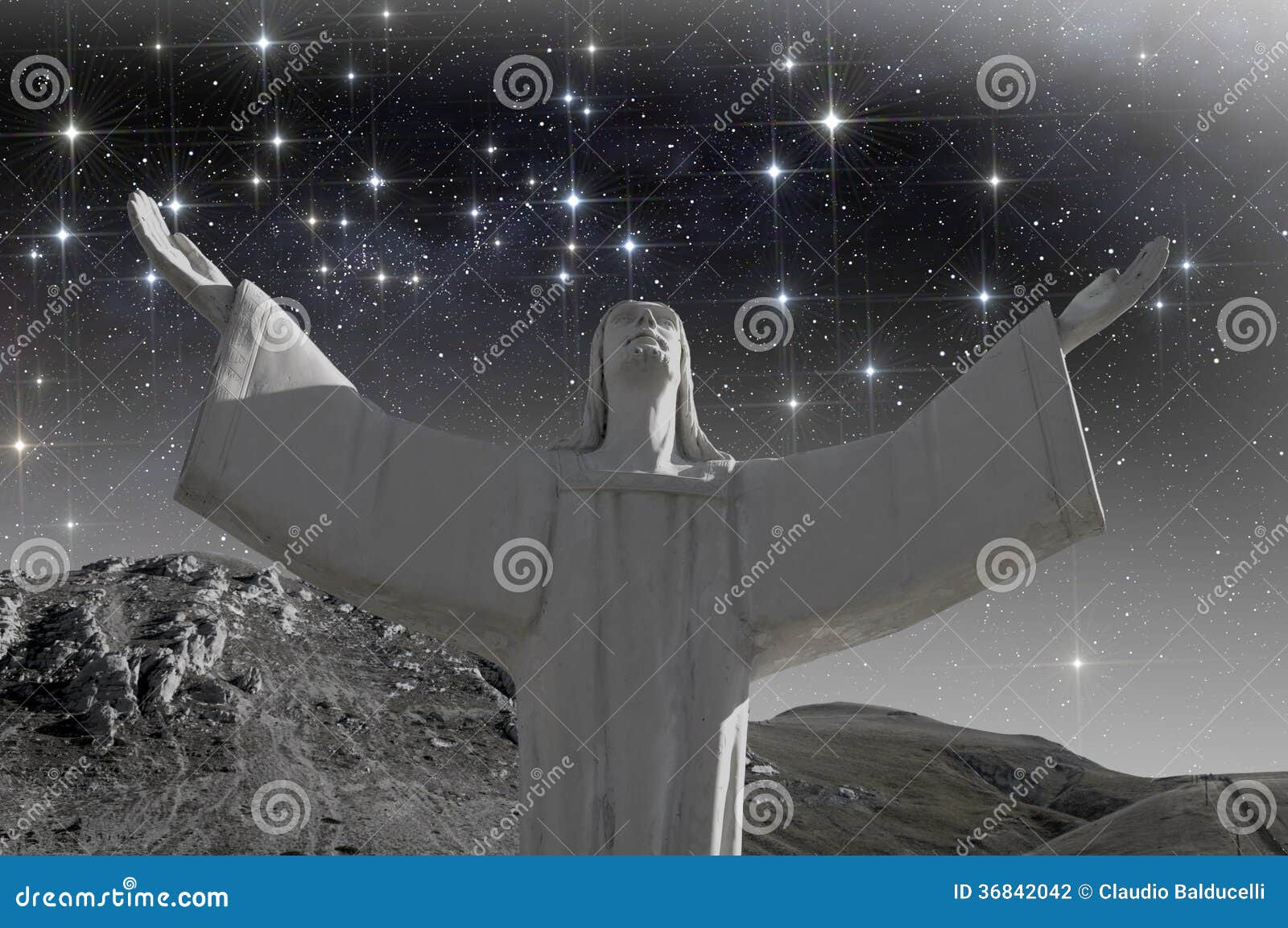Christ with Open Arms Under Starry Sky Stock Photo - Image of catholic ...