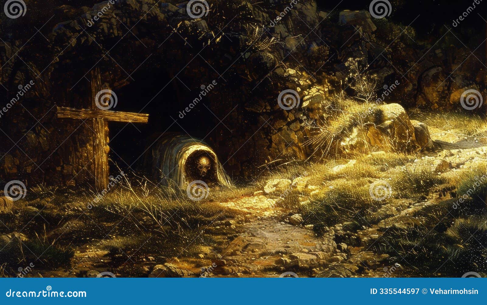 Christ in an Open Tomb with a Cross Waiting for the Light Stock ...