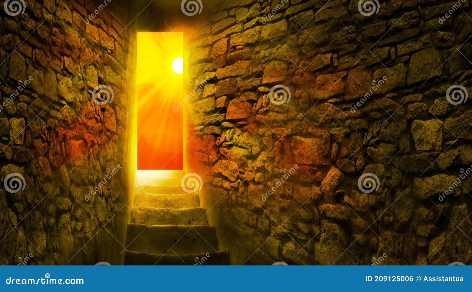 Christ is Risen. Exit from the Cave Stairs Up Bright Sun with Rays ...