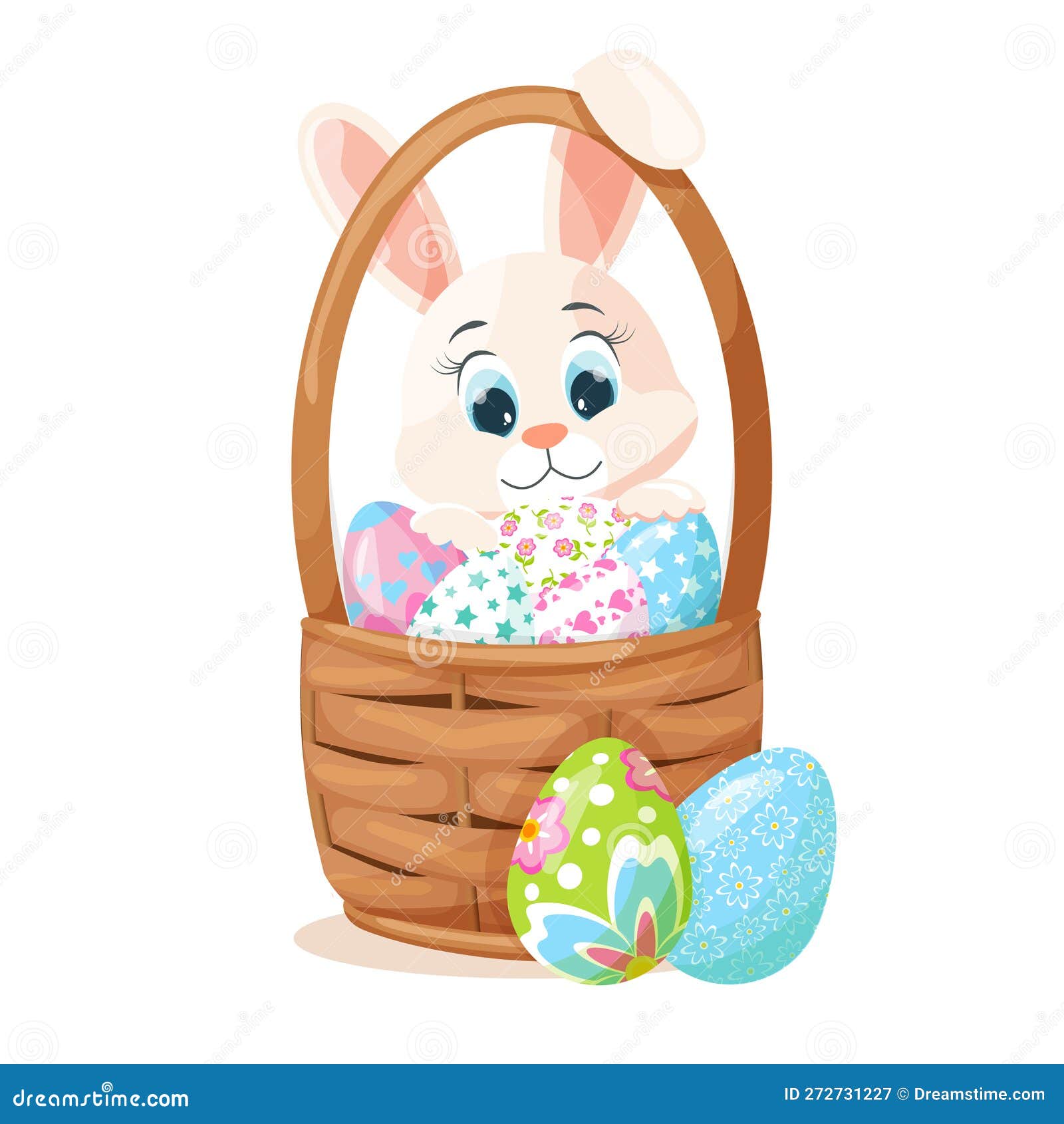 Christ is Risen. Little Cute Rabbit. Basket, Rabbit, Eggs. Colored Flat ...