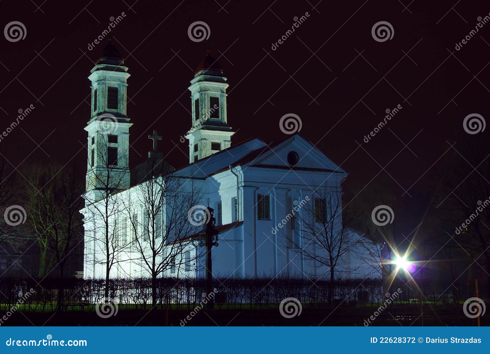 Christian Classical White Church at Night Stock Photo - Image of ...