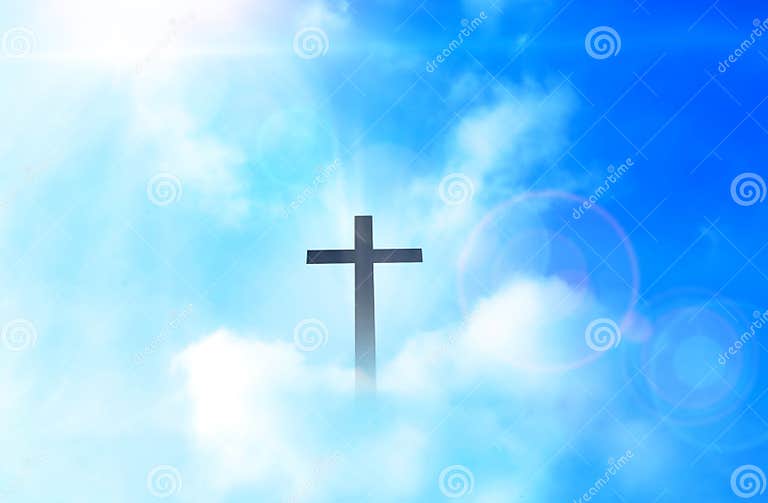 Christian Cross Appeared Bright In The Sky With Soft Fluffy Clouds The