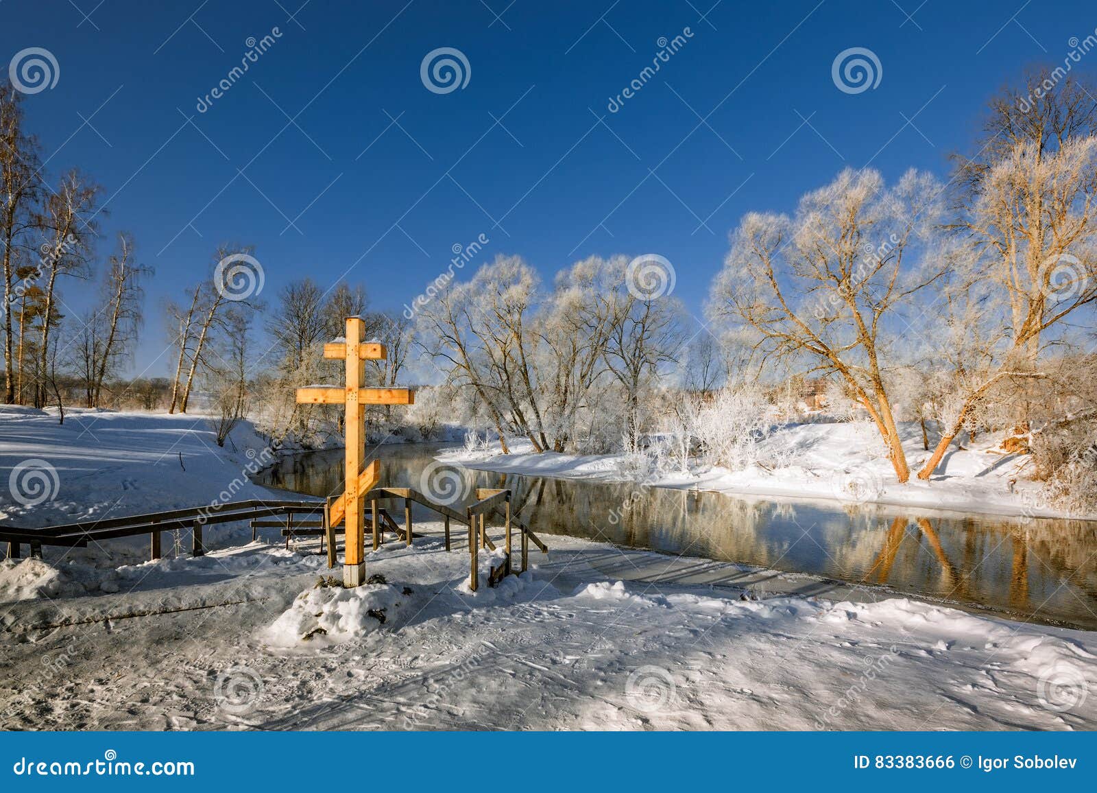 Christian Cross on the Coast of the Winter River Stock Photo - Image of ...