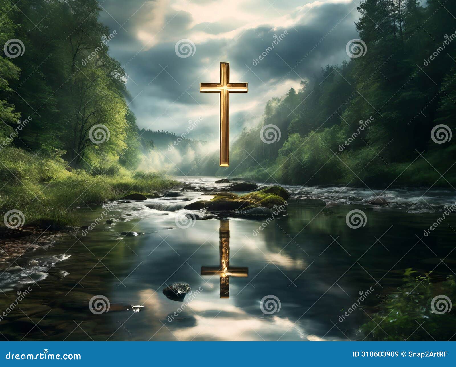 Christian Cross Elevated Above a River, Created with Generative AI ...
