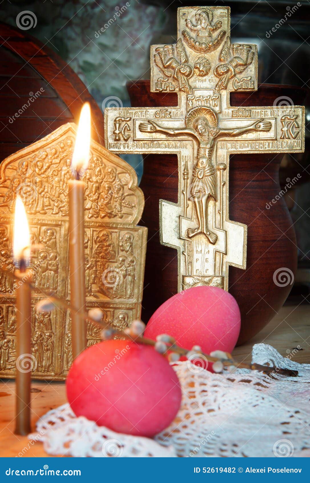Christian Easter Still Life with Red Eggs and Metal Cross Stock Photo ...