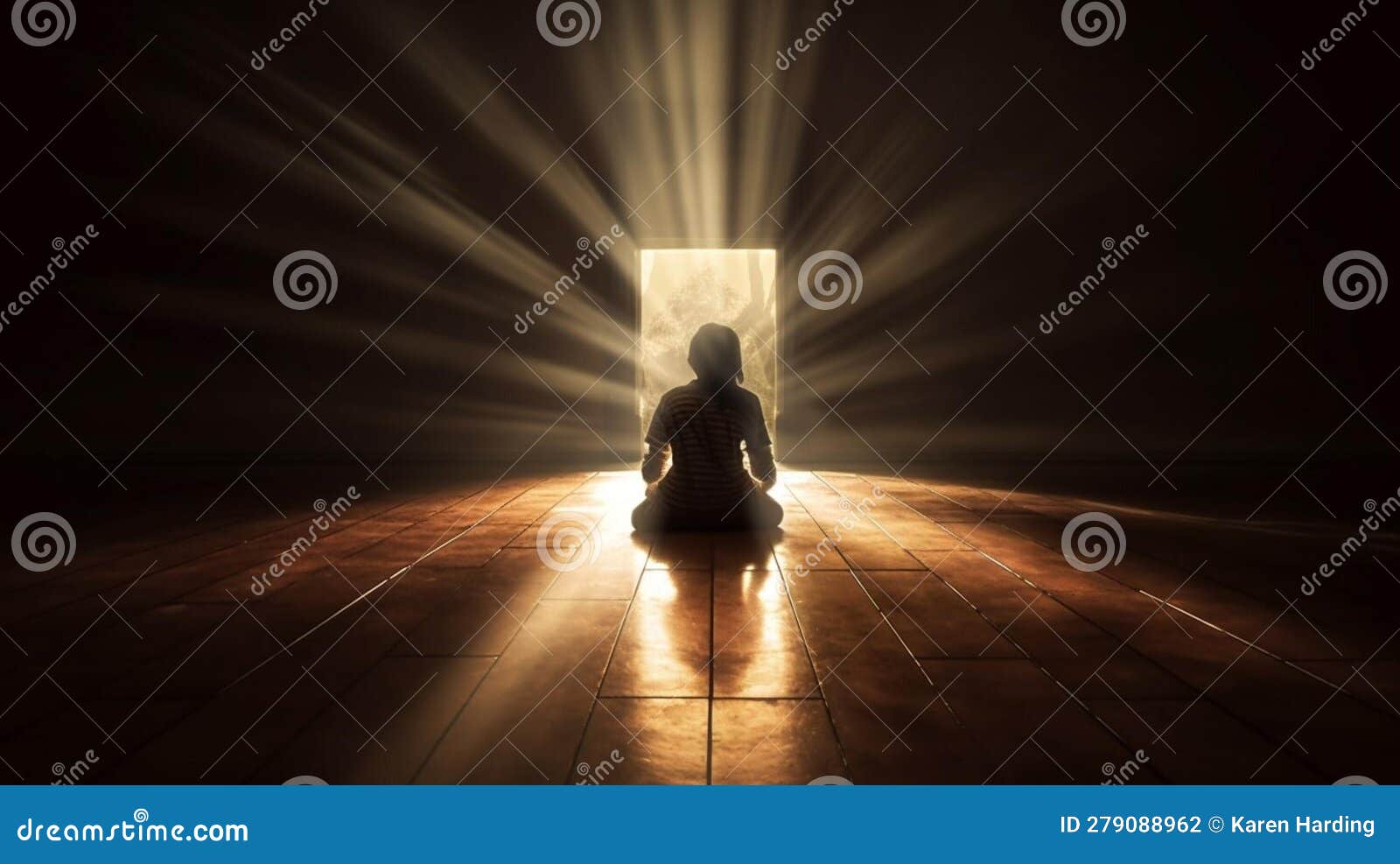 Christian Man Praying on Floor by Window with Rays of Golden Light ...