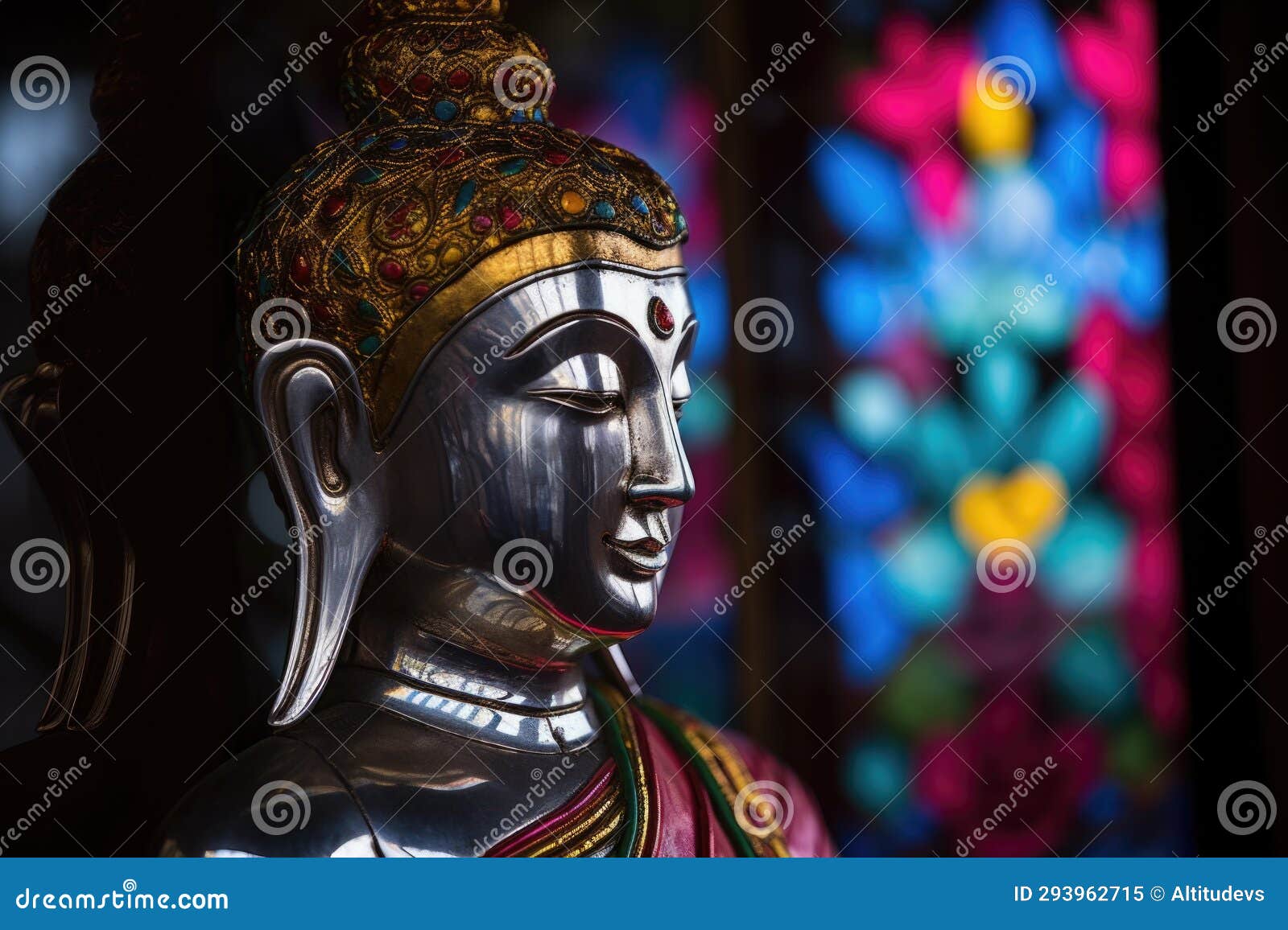 Christian Stained Glass Window Reflecting on a Buddha Statue Stock ...